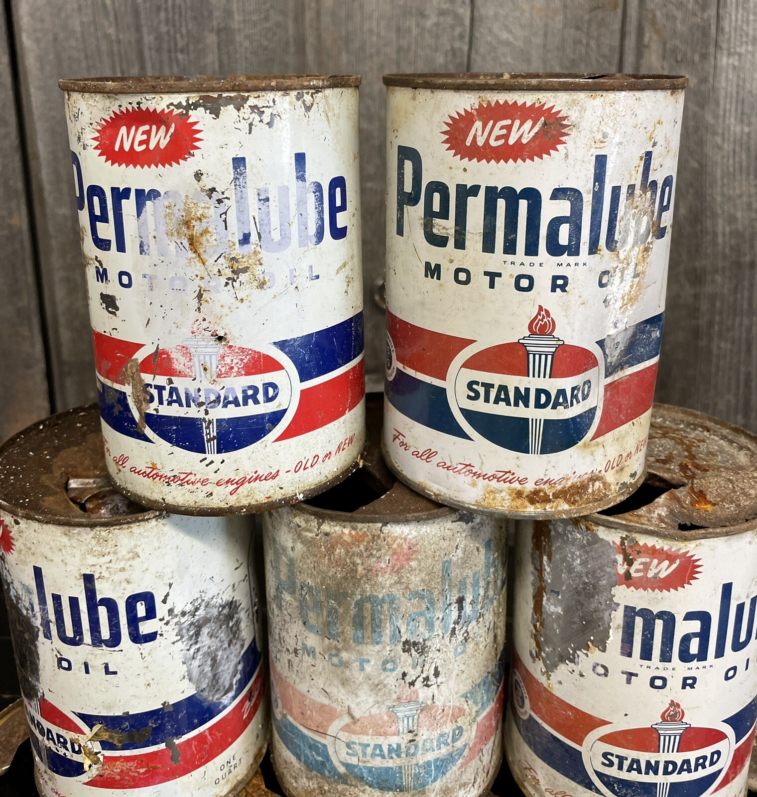 Lot of 9 Barn Fresh Vintage Standard Motor Oil Permalube Tin Cans ...