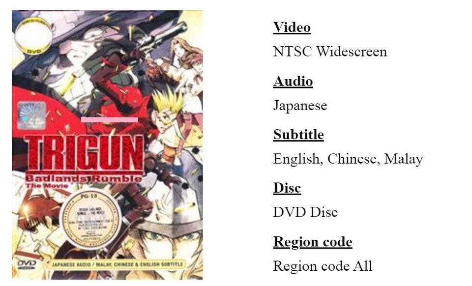 Trigun Badlands Rumble Japanese Anime Movie DVD English Sub Region All ...