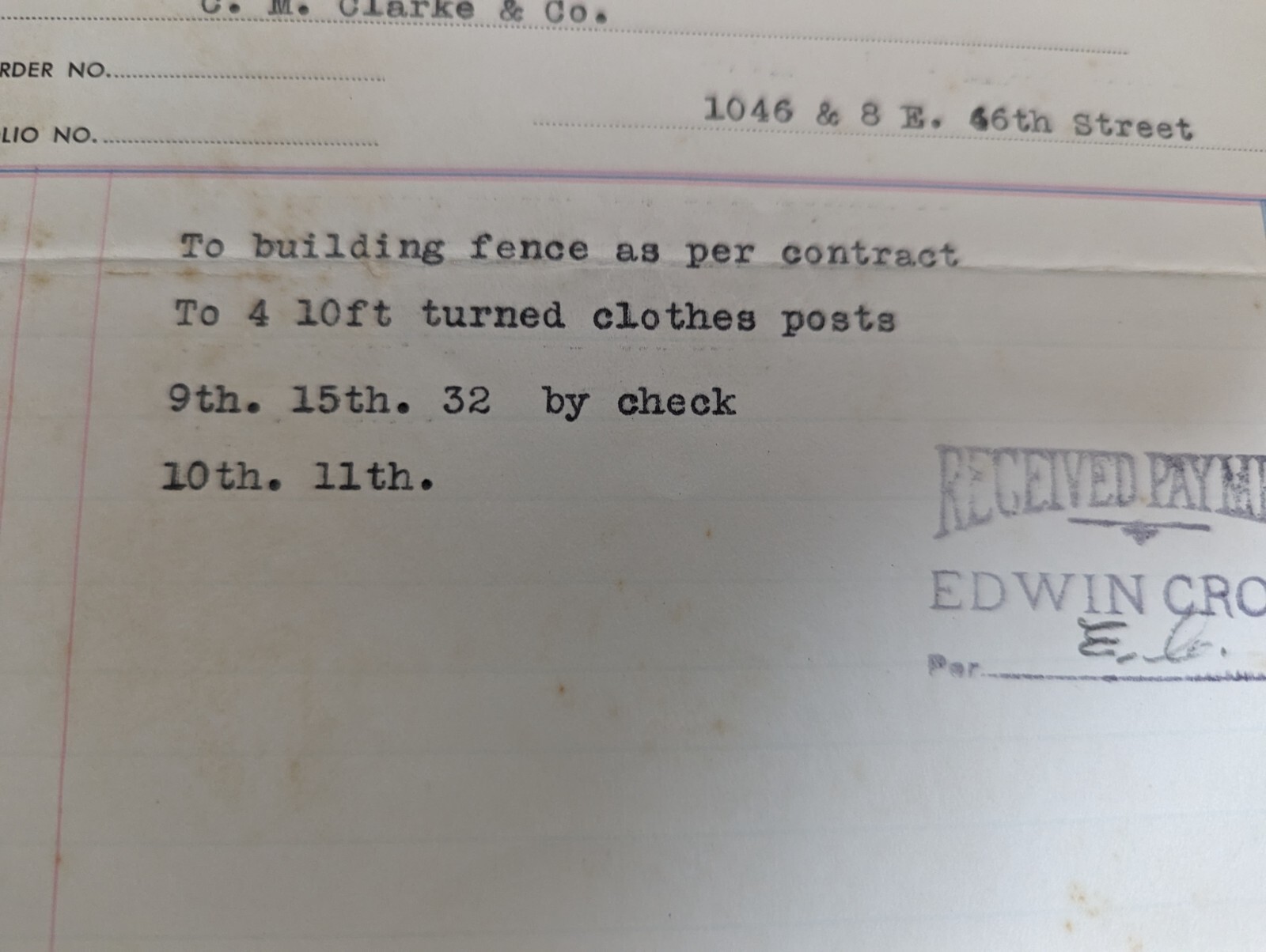 Edward Crook Carpenter & Contractor Fence Building Receipt Chicago 1932 ...