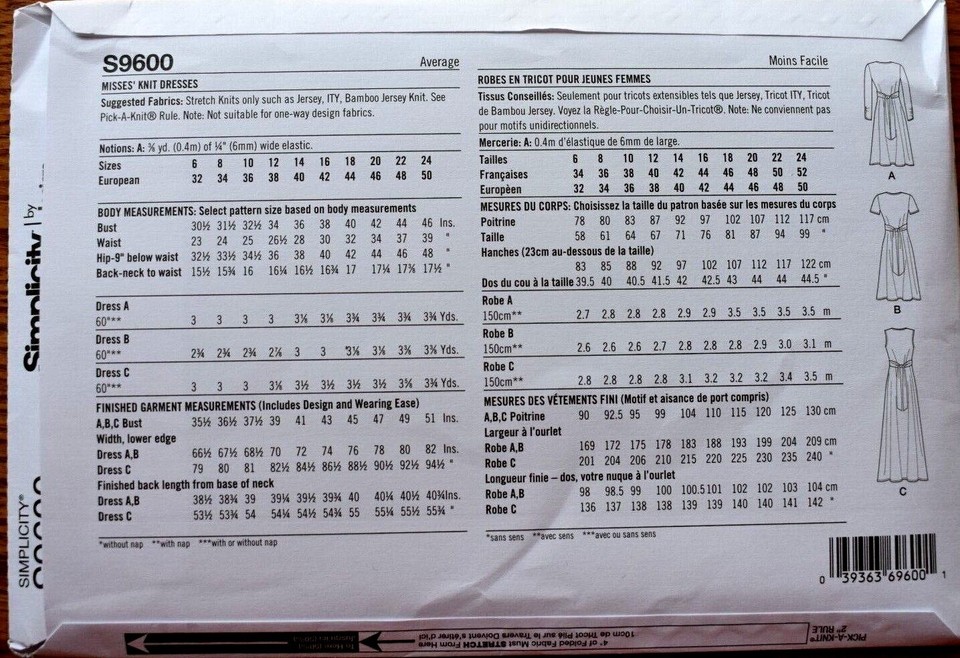 SIMPLICITY PATTERN 9600 DRESS KNIT MISSES SIZES 16 18 20 22 24 UNCUT ...