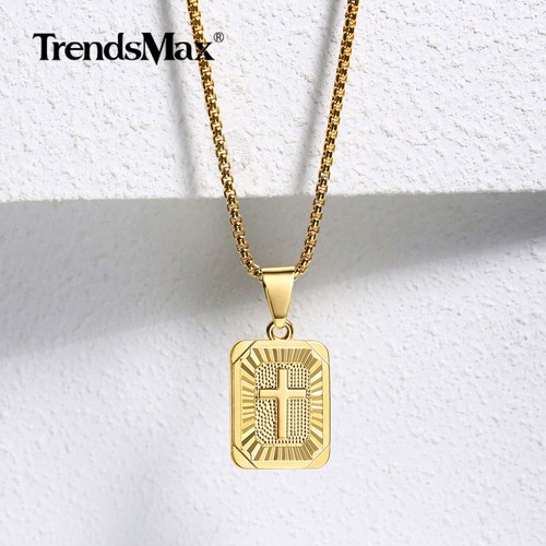 New Gold Plated Cross Pendant Necklace Stainless Steel Box Chain Choker ...