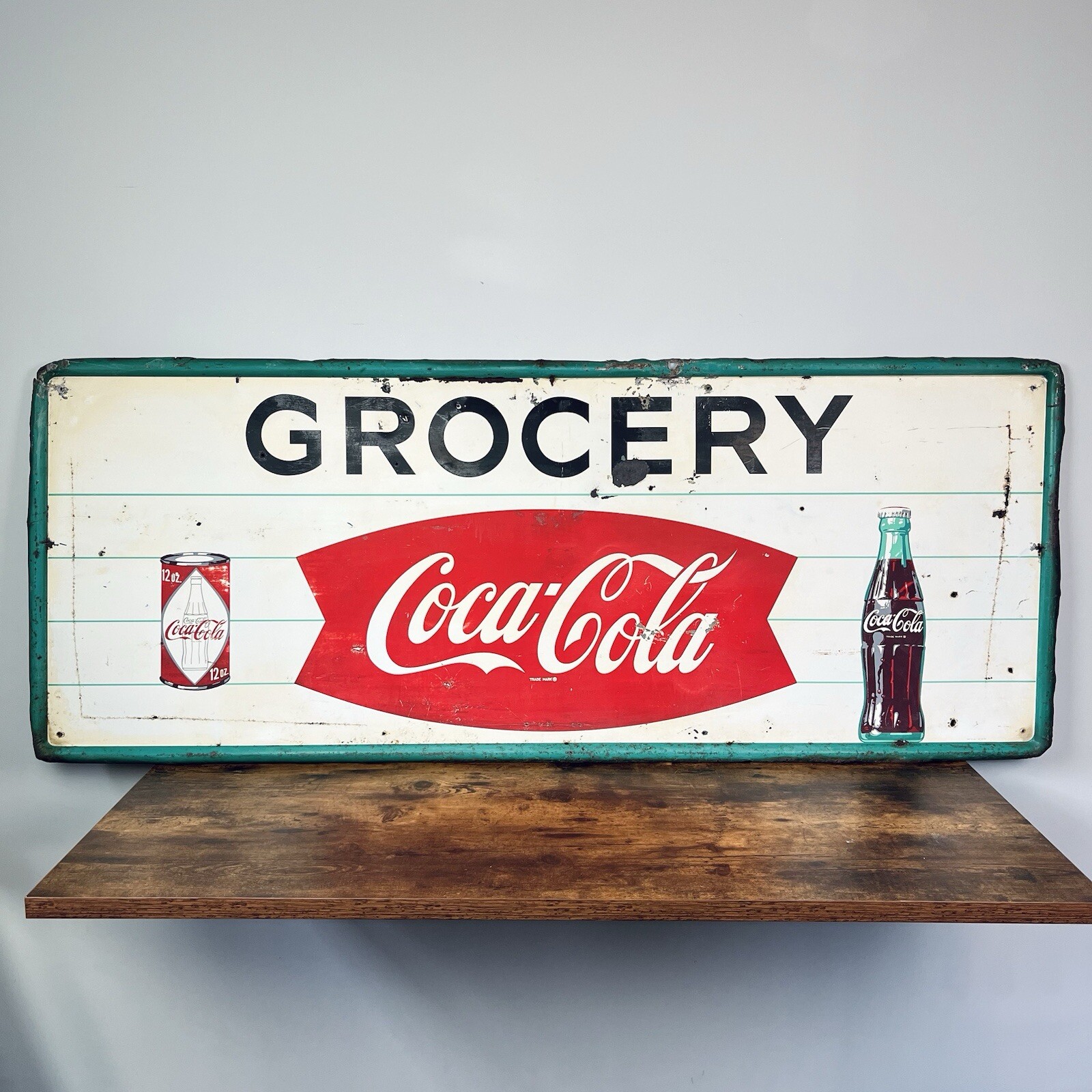 VTG Coca Cola Metal Enamel Sign Bottle & 12 oz Can Fishtail Coke 59”x ...