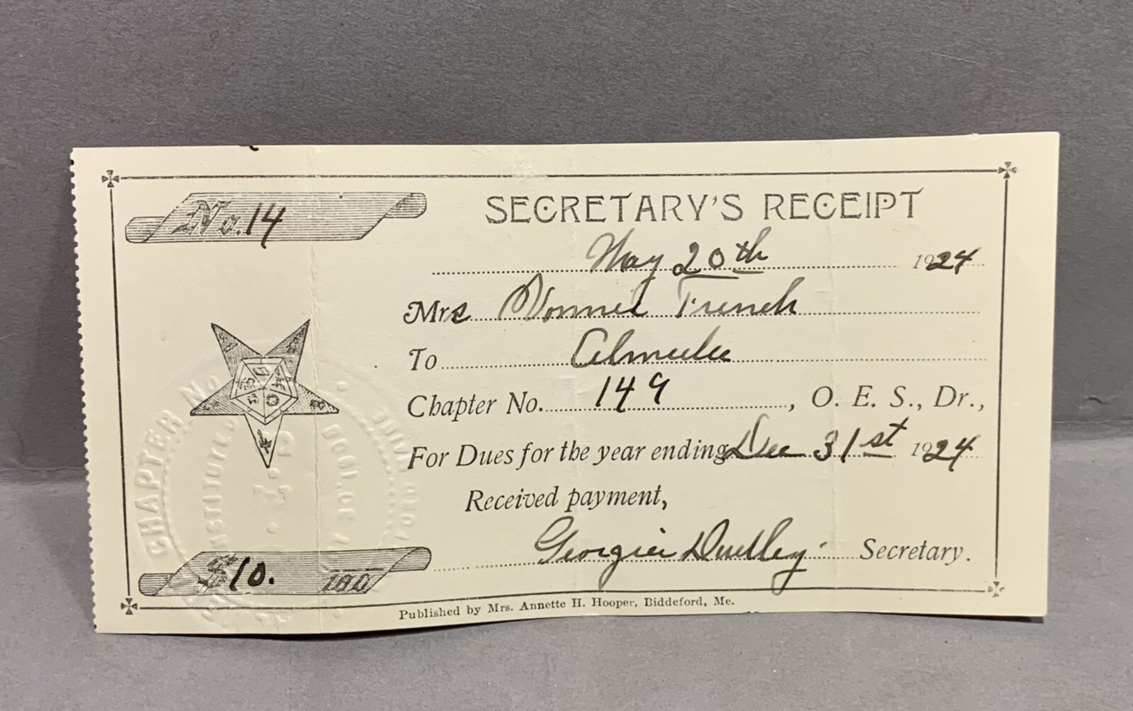 Vintage 1924 Order of the Eastern Star Maine Dues Receipt Signed ...