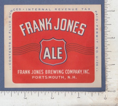 B182 Frank Jones Brewing Co. ale beer bottle label Portsmouth, NH ...