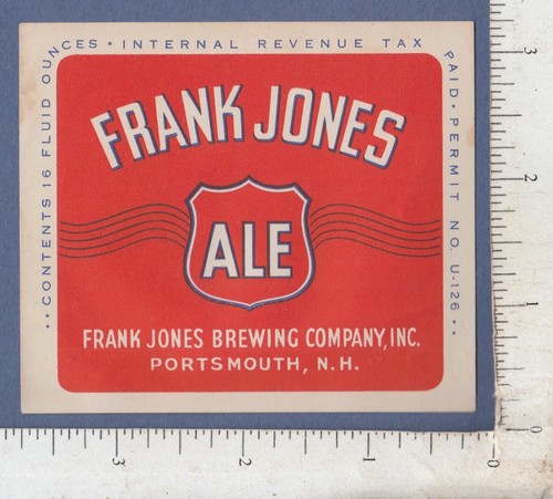 B182 Frank Jones Brewing Co. ale beer bottle label Portsmouth, NH ...