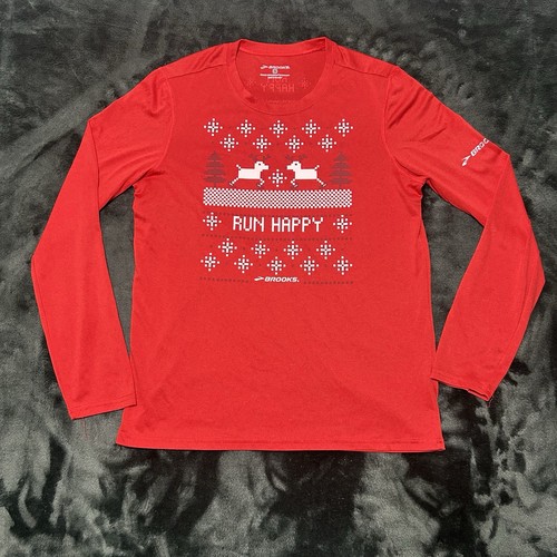 Brooks Run Happy Red Long Sleeve Shirt Men’s Small Running Holiday ...