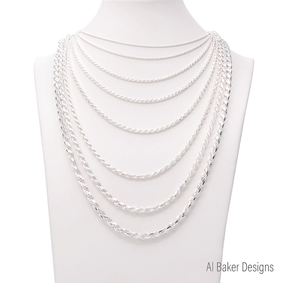 Rope Solid 925 Sterling Silver Italy Diamond-Cut Chain Necklace ...