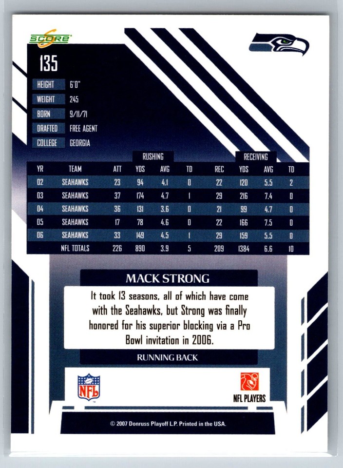 2007 Score Mack Strong Seattle Seahawks #135 | eBay