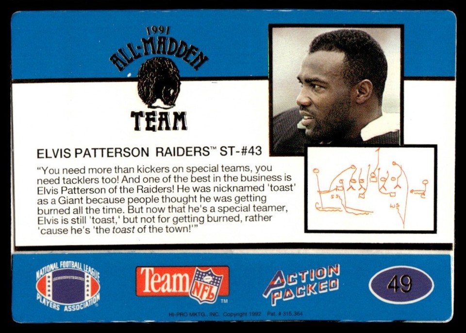 1991 Action Packed All-Madden ELVIS PATTERSON #49 Raiders FREE Ship! | eBay