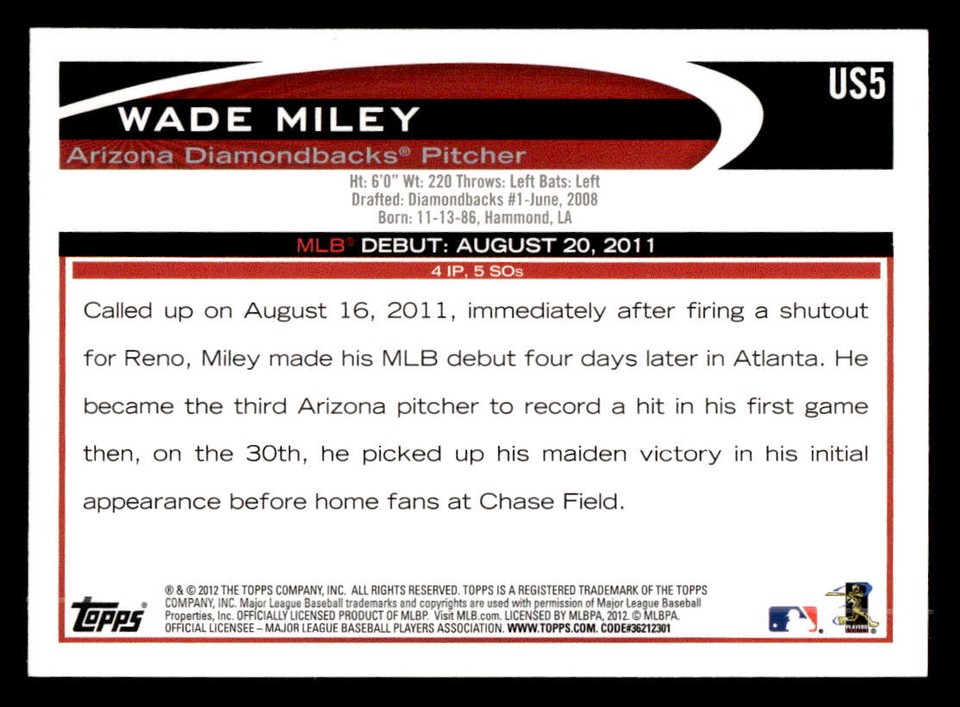 2012 Topps Update Wade Miley #US5 Arizona Diamondbacks Baseball Card | eBay