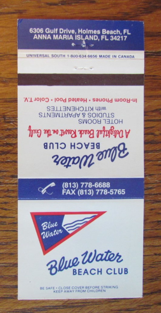 BLUE WATER BEACH CLUB MATCHBOOK COVER: ANNA MARIA ISLAND, FL MATCHCOVER ...