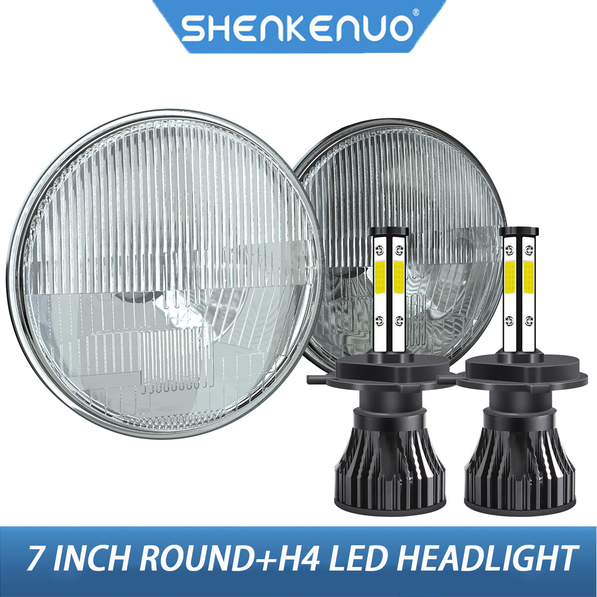 7" inch Sealed Beam Headlight Conversion High/Low Beam Chrome + 52 W H4 ...