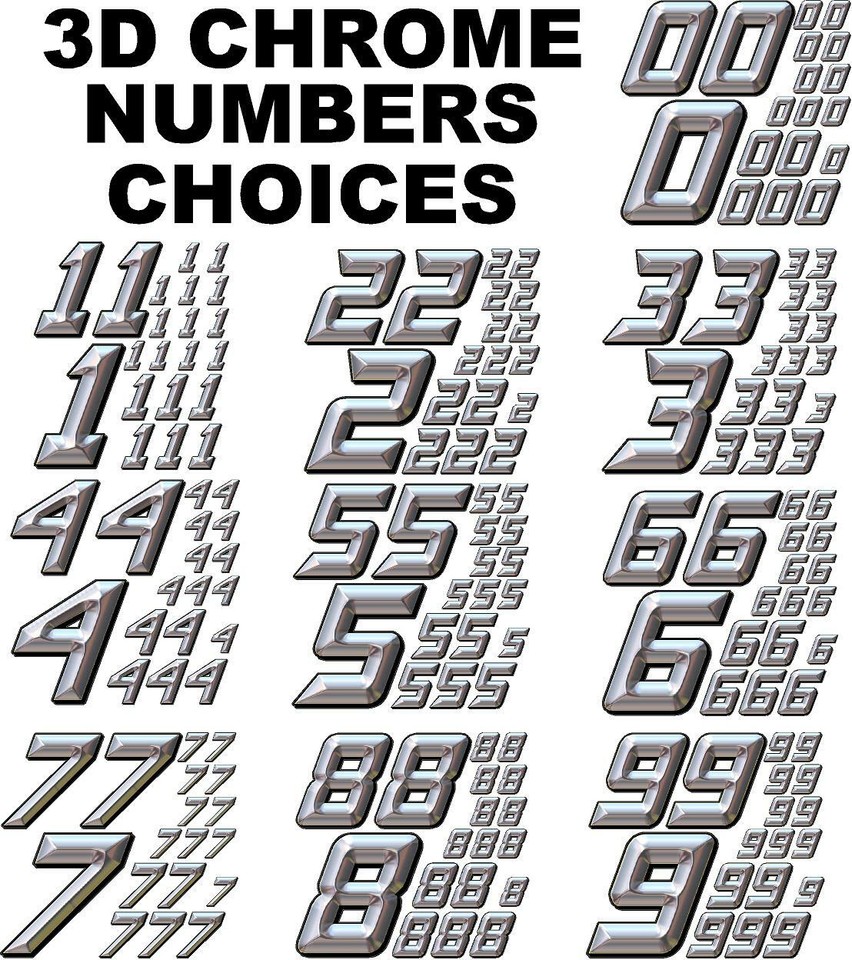 (2's) 3-D CHROME BEVELED NUMBERS Decal Sticker Sheet 1/8-1/10-1/12 RC ...