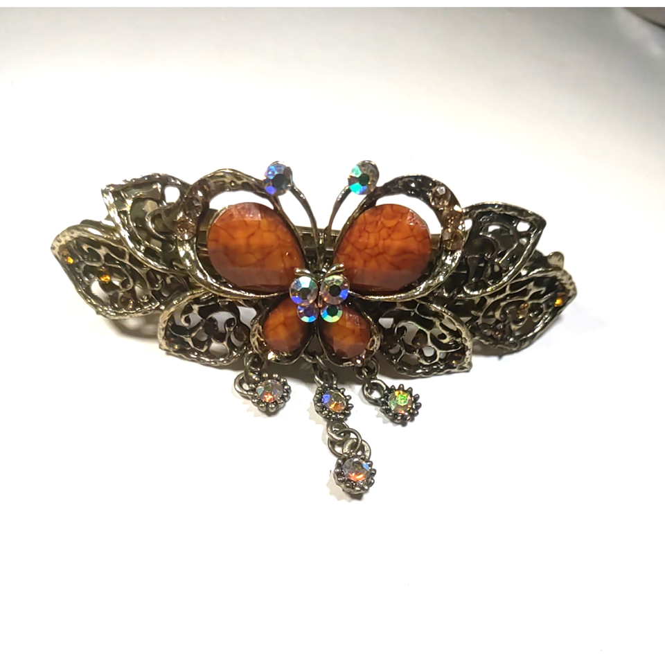 Hair Barrette Tension Clip Antique Gold Tone Rust Colored Beads ...