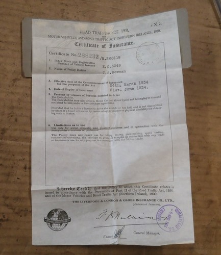 Original 1934 Motor Insurance Cover Note Document,with Holder Case,Rare ...
