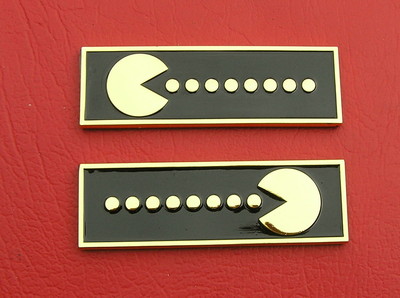PACMAN PAIR GOLD PLATED CAR BADGES Metal Emblems *NEW & UNIQUE* HotRod ...
