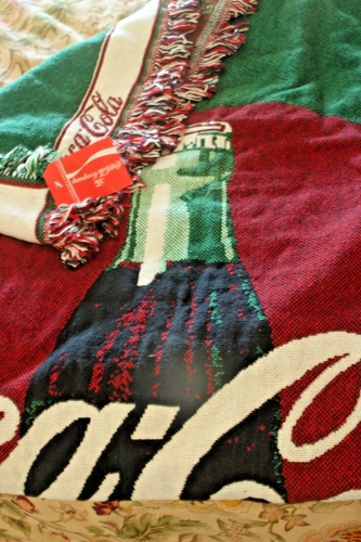 Vintage 1993 Coca-Cola Tapestry Red & Green Woven Throw Blanket 48" X ...
