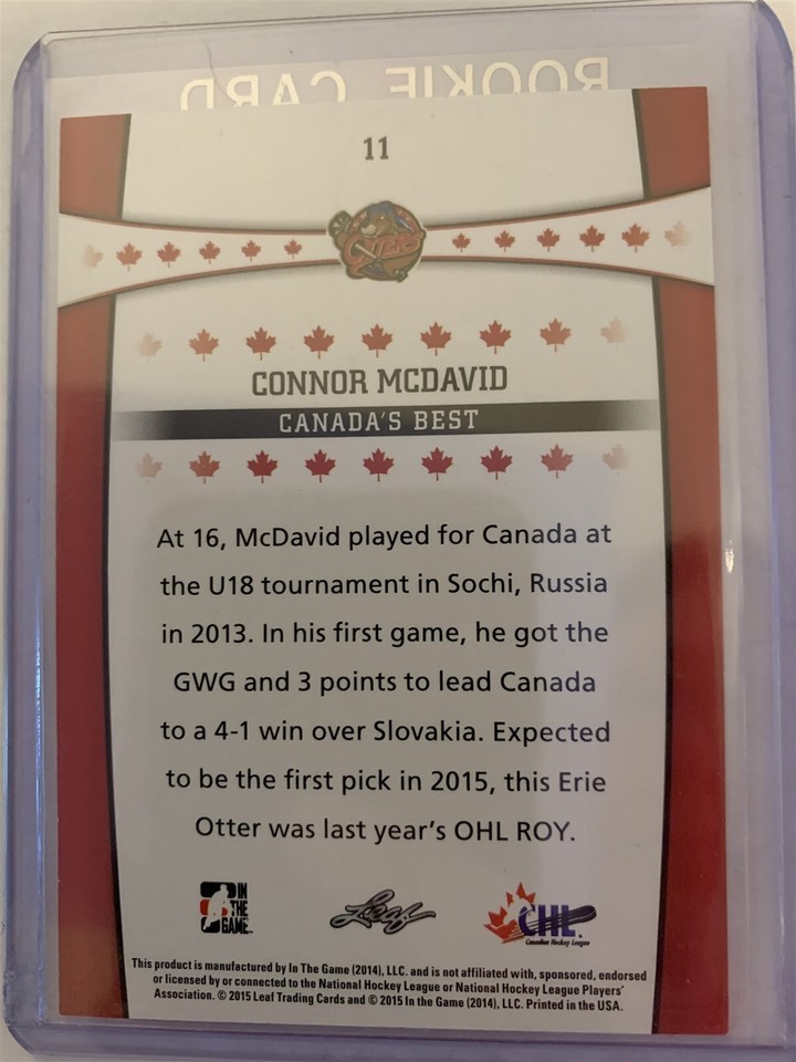 CONNOR McDAVID ROOKIE CARD Edmonton Oilers Hockey 2014/15 Leaf ERIE ...