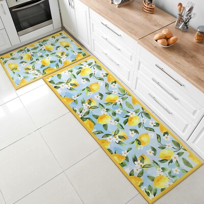 Sliner 2 Pcs Lemon Kitchen Mats Lemon Printed Kitchen Rugs Farmhouse ...