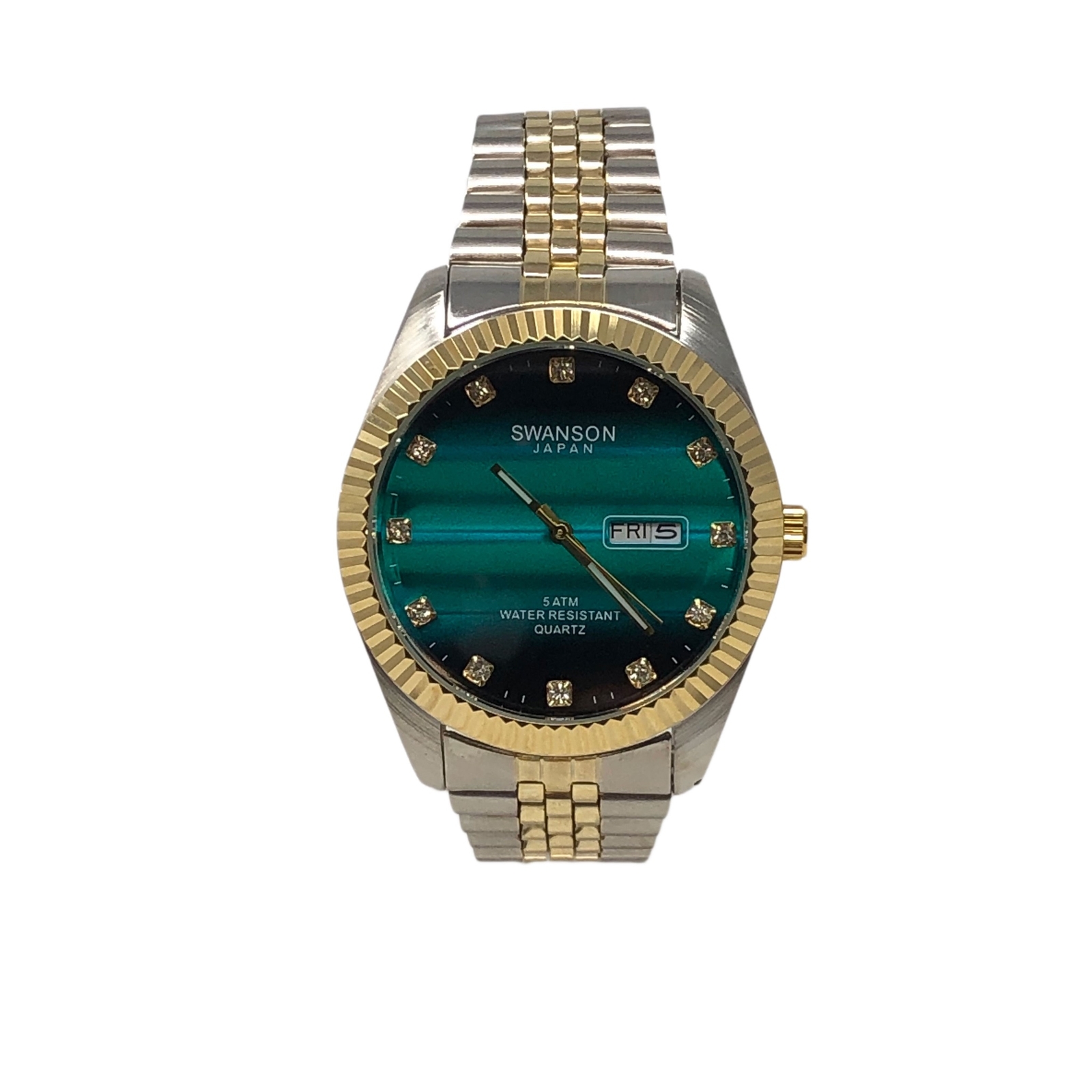 Men's Swanson Japan Watch AQUA Dial 45mm -Two Tone Band W/Rhinestone | eBay