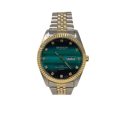 Men's Swanson Japan Watch AQUA Dial 45mm -Two Tone Band W/Rhinestone | eBay