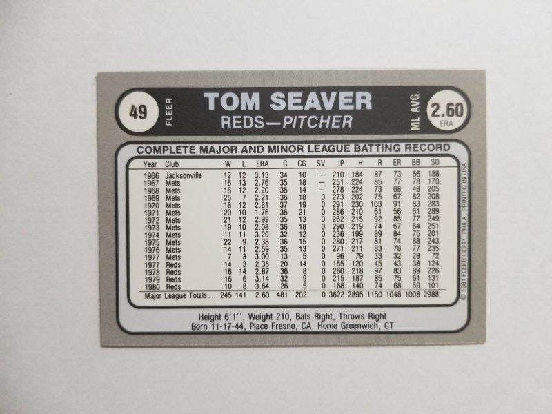 TOM SEAVER 1981 FLEER STAR STICKER BASEBALL CARD #49 CINCINNATI REDS | eBay