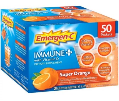 50 Emergen-C IMMUNE + Plus SUPER ORANGE Immune Support Vitamin D ZINC ...