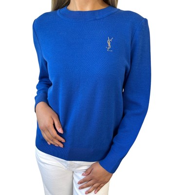 Yves Saint Laurent Vintage YSL Logo Knit Sweater #M Blue Gold Cotton | eBay