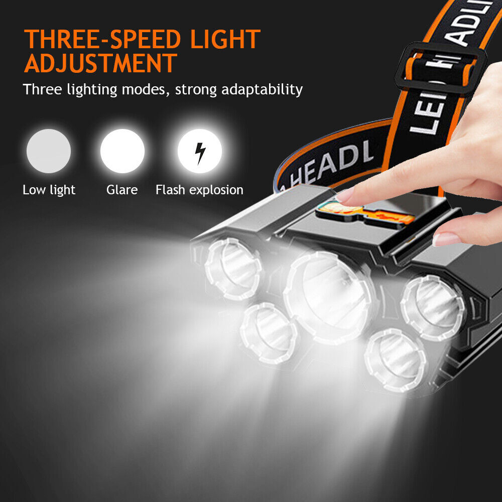 Headlamp 5x LED Super Bright Lumen Rechargeable Head Light Flashlight ...