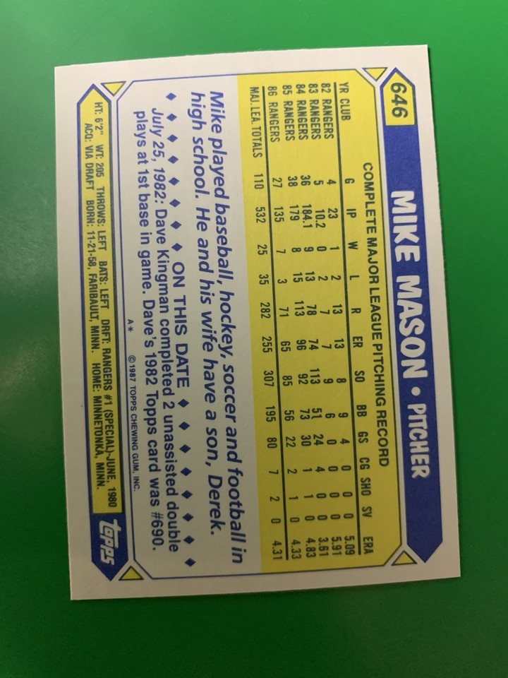 1987 Topps Tiffany Mike Mason Texas Rangers #646 | eBay