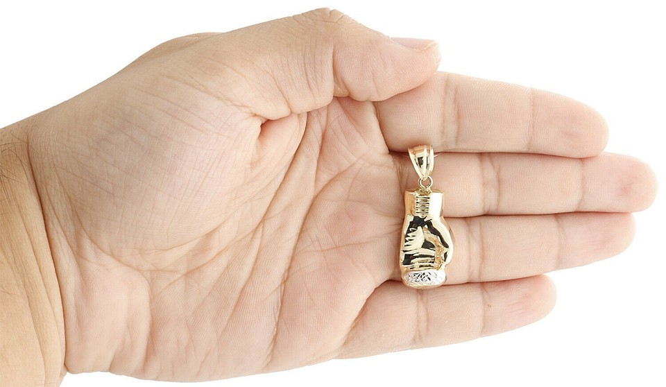 10K Yellow Gold Two Tone Diamond Cut Boxing Glove Pendant 1.4" Closed ...