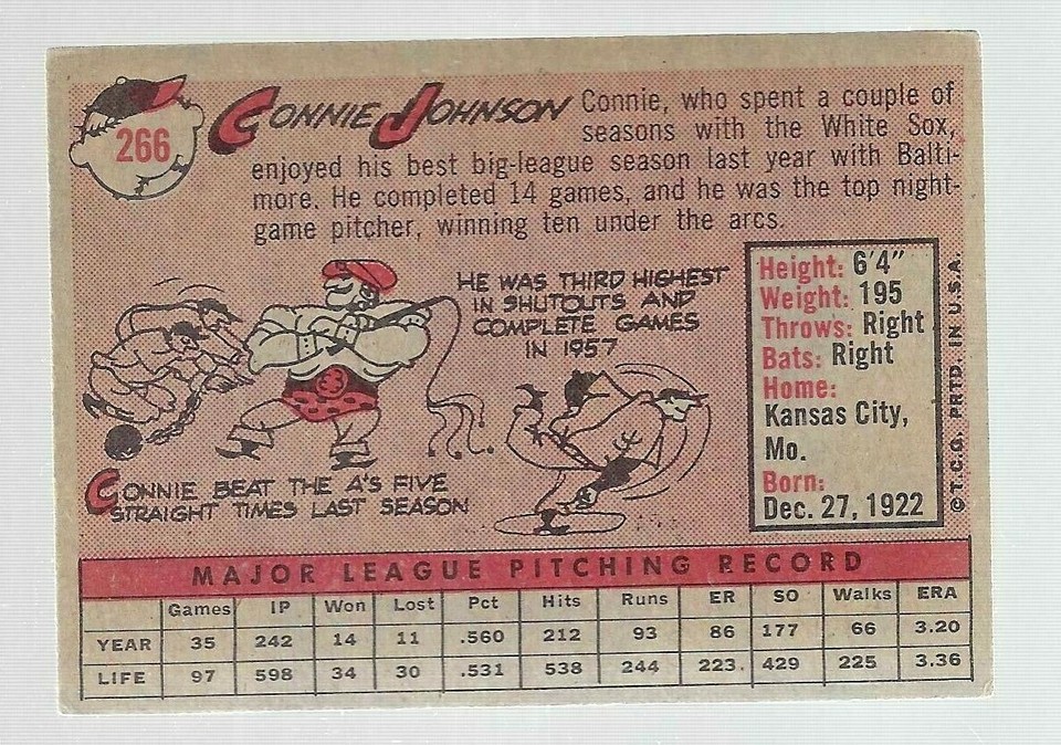 Connie Johnson 1958 Topps ML Baseball Trading Card # 266 Baltimore | eBay