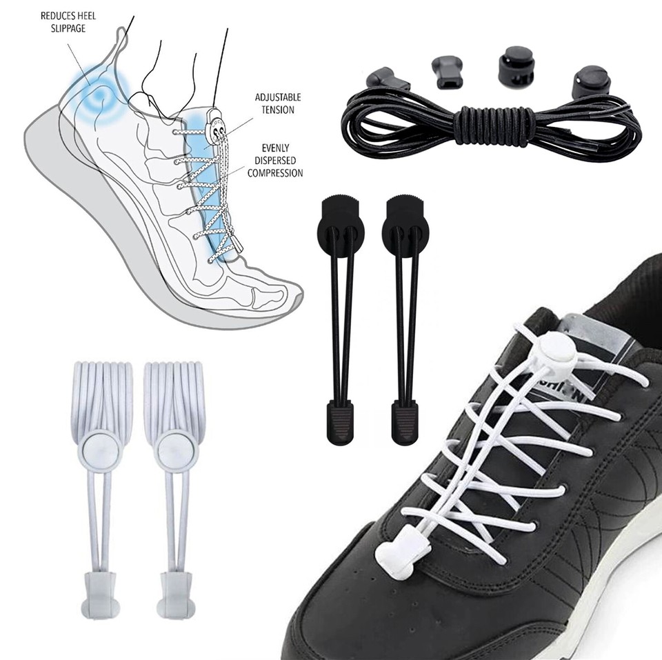 No Tie Shoe Laces Lazy Elastic Round Shoelaces Lock Adults Kids Sports ...
