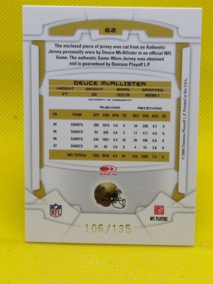 Deuce McAllister 2008 Leaf R & S GOLD JERSEY New Orleans Saints Ole ...