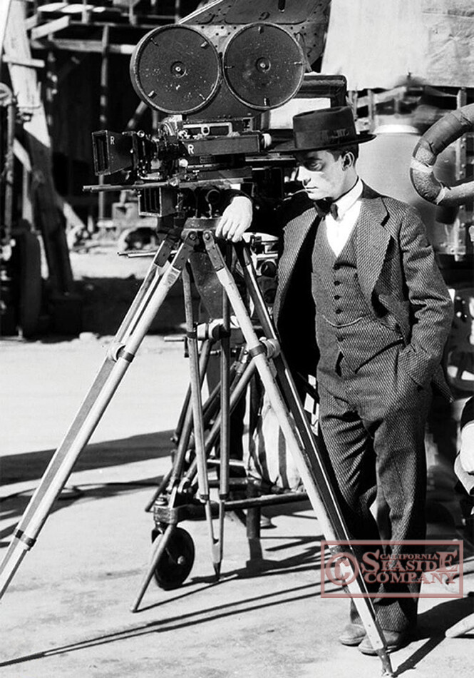 Buster Keaton, stands with Mitchell Camera on set in Hollywood ...