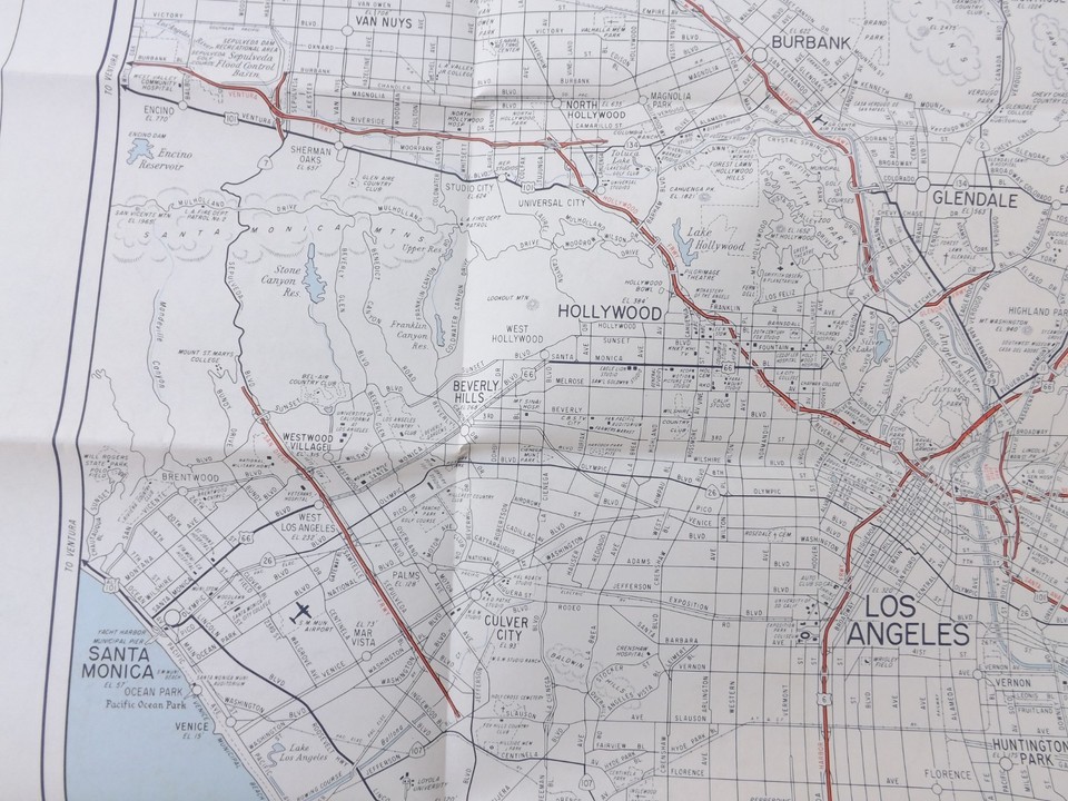 VTG. 1950s AAA & AUTOMOBILE CLUB MAP SECTION OF SOUTHERN CALIFORNIA LOS ...