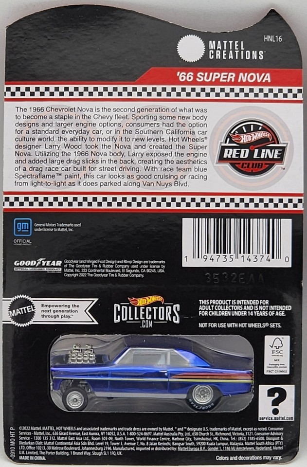 HOT WHEELS 2022 RLC EXCLUSIVE SPECTRAFLAME BLUE '66 SUPER NOVA CHEVY ...