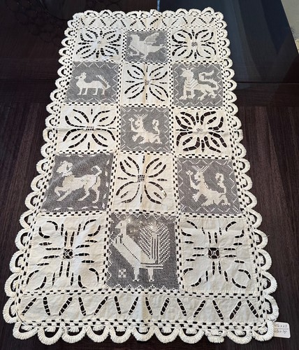 Antique Table Cloth Runner Richelieu Lace Animals Embroidery Fringe ...