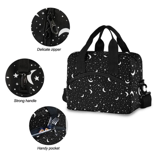 Black Space Star Moon Lunch Bag Insulated Tote Bag Cooler Lunch Box Bag ...