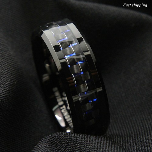 8mm Black Tungsten Ring Black Blue Carbon Fiber Wedding Band ATOP Men's ...