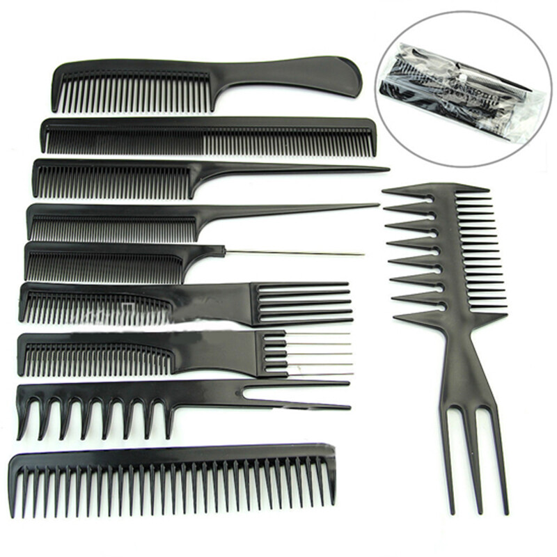 10pcs/Set Black Hair Styling Hairdressing Plastic Barbers Brush Combs ...