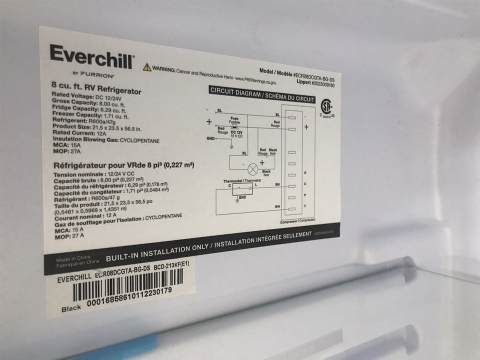 2025 Forest River Camper RV Everchill 8 cubic Ft 12 / 24 V refrigerator ...