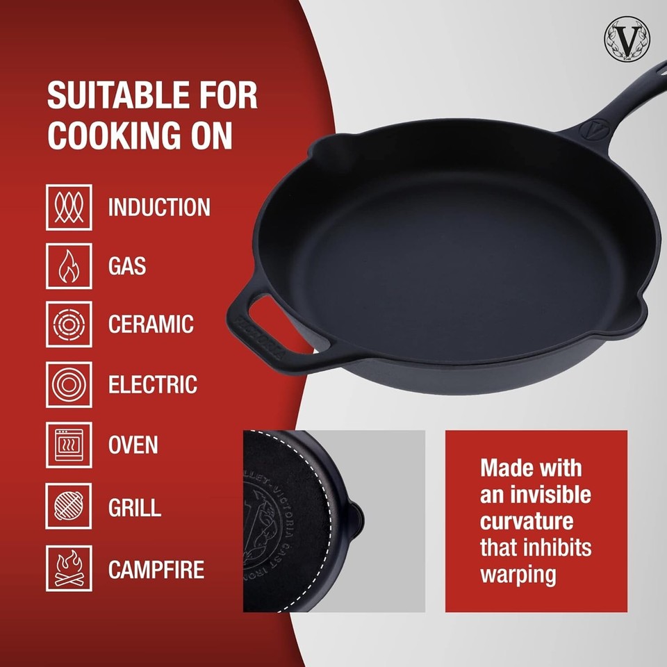 Victoria Cast Iron Skillet Large Frying Pan Seasoned Surface Cast Iron ...