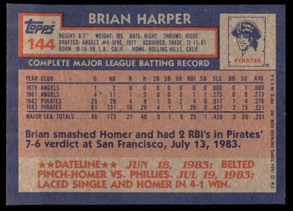 1984 Topps Cards Brian Harper Rookie of Pittsburgh Pirates #144 | eBay