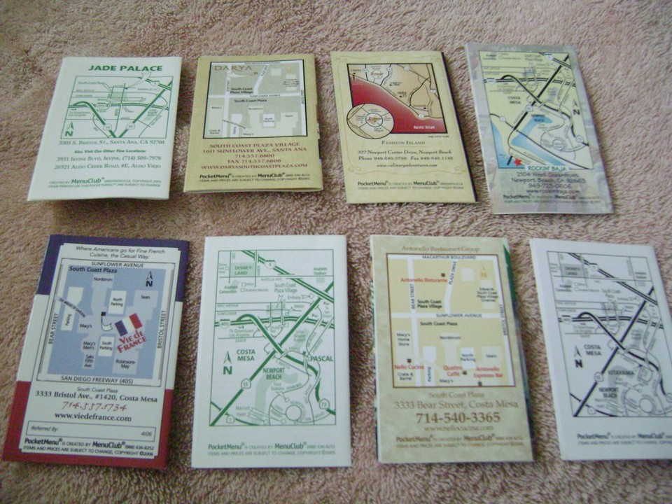 Lot of 8 " MINI MENUS" from various Restaurant locations, size 2/1/2" X ...