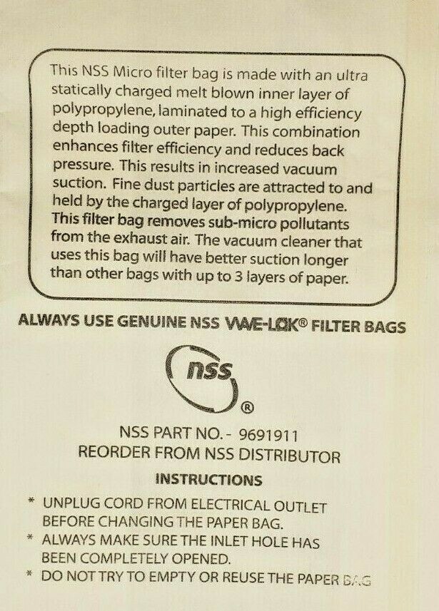 NSS 9691911 VACUUM CLEANER FILTER BAGS COMMERCIAL - GRADE 12UE - 10 ...