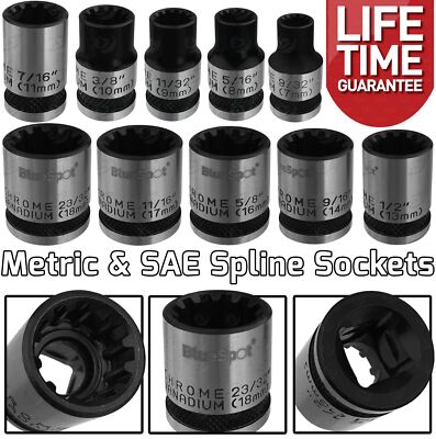 3/8" Multi Spline Socket Set 12 Point Metric & SAE Sockets 7mm-18mm 9/ ...