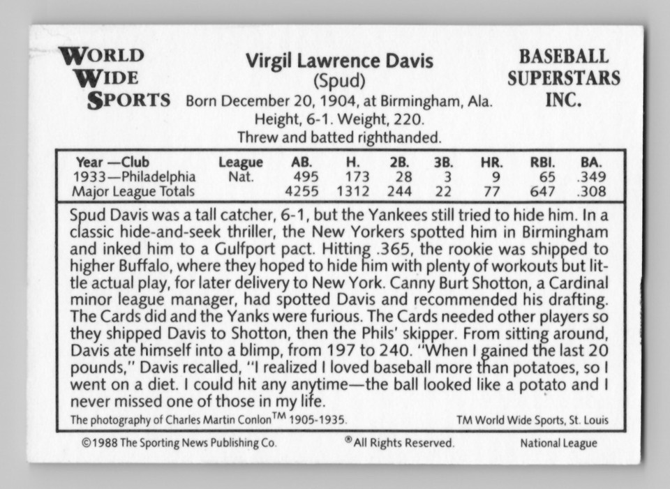 VTG 1988 Baseball Superstars Virgil Lawrence Davis 1933 National All ...