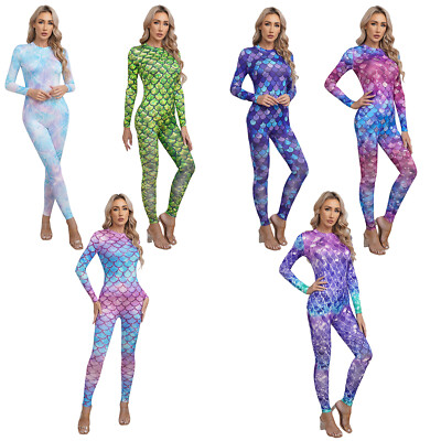 Woman Mermaid Cosplay Costume Jumpsuit Fish Scale Print Bodysuit ...