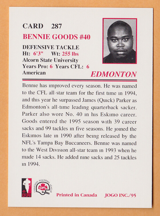 Bennie Goods 1995 Jogo CFL card #287 Edmonton Eskimos Alcorn State ...